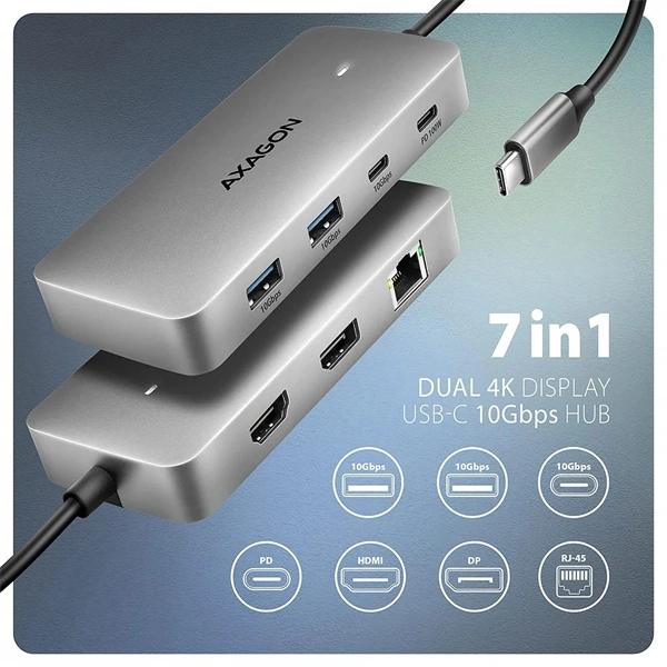Axagon HMC-CUB83X2 USB-C 10Gbps DUAL 4K DISPLAY 7in1 hub - B4B webaruház